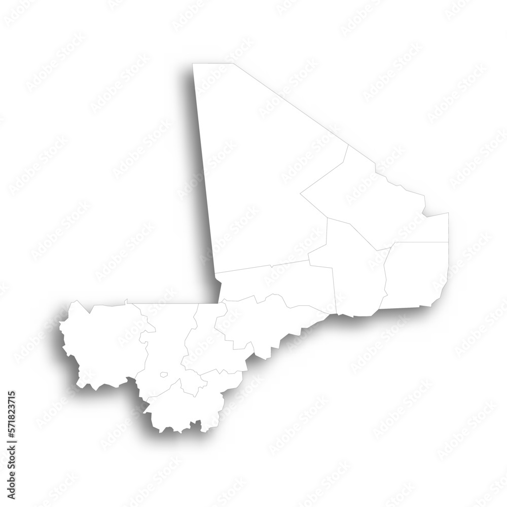 Mali political map of administrative divisions - regions and capital district of Bamako. Flat ...