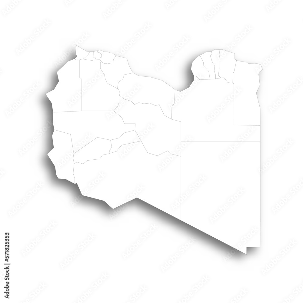 Libya political map of administrative divisions - districts. Flat white blank map with thin ...