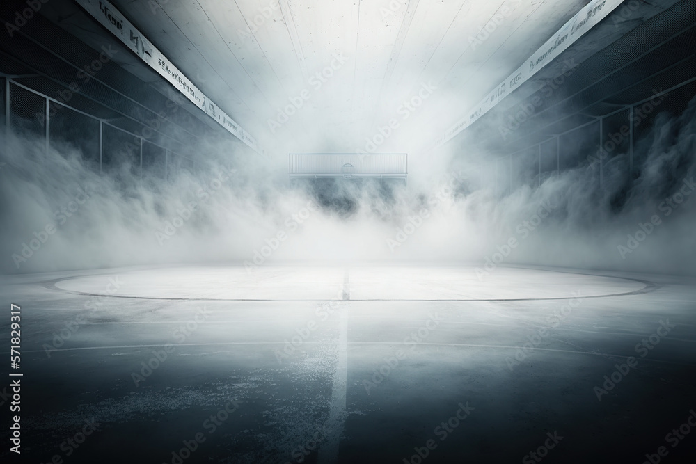 Indoor ice rink with fog and steam empty with no players and arena for ...