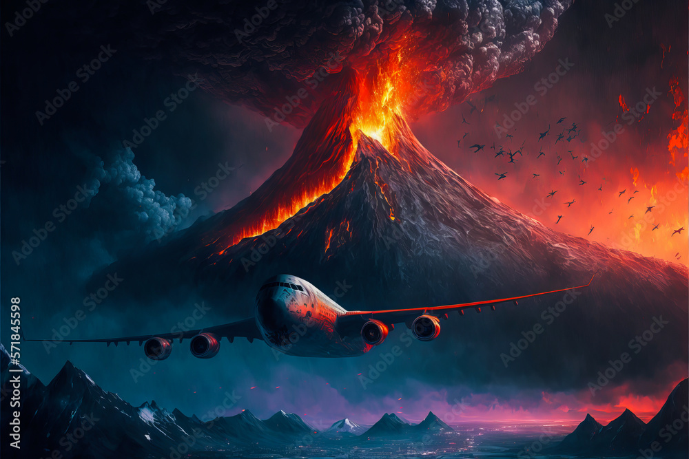 A plane in flight associated with an erupting volcano. A captivating ...