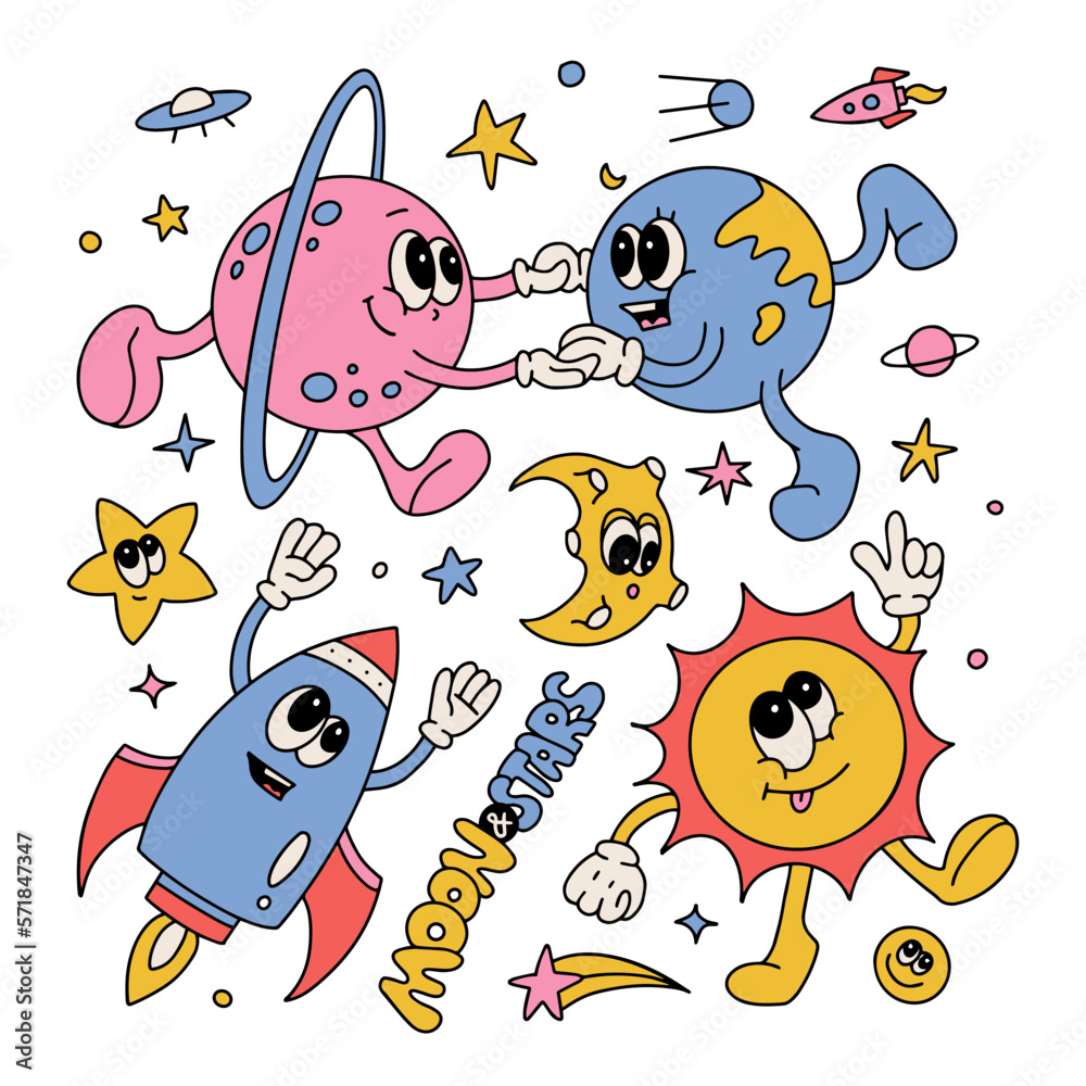 Vintage characters in 70s retro cartoon style - sun, planet earth ...