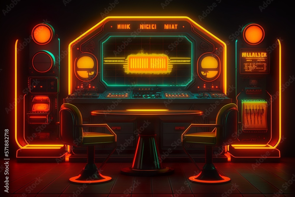 Dark sci-fi cyberpunk computer room with terminal screen device and ...