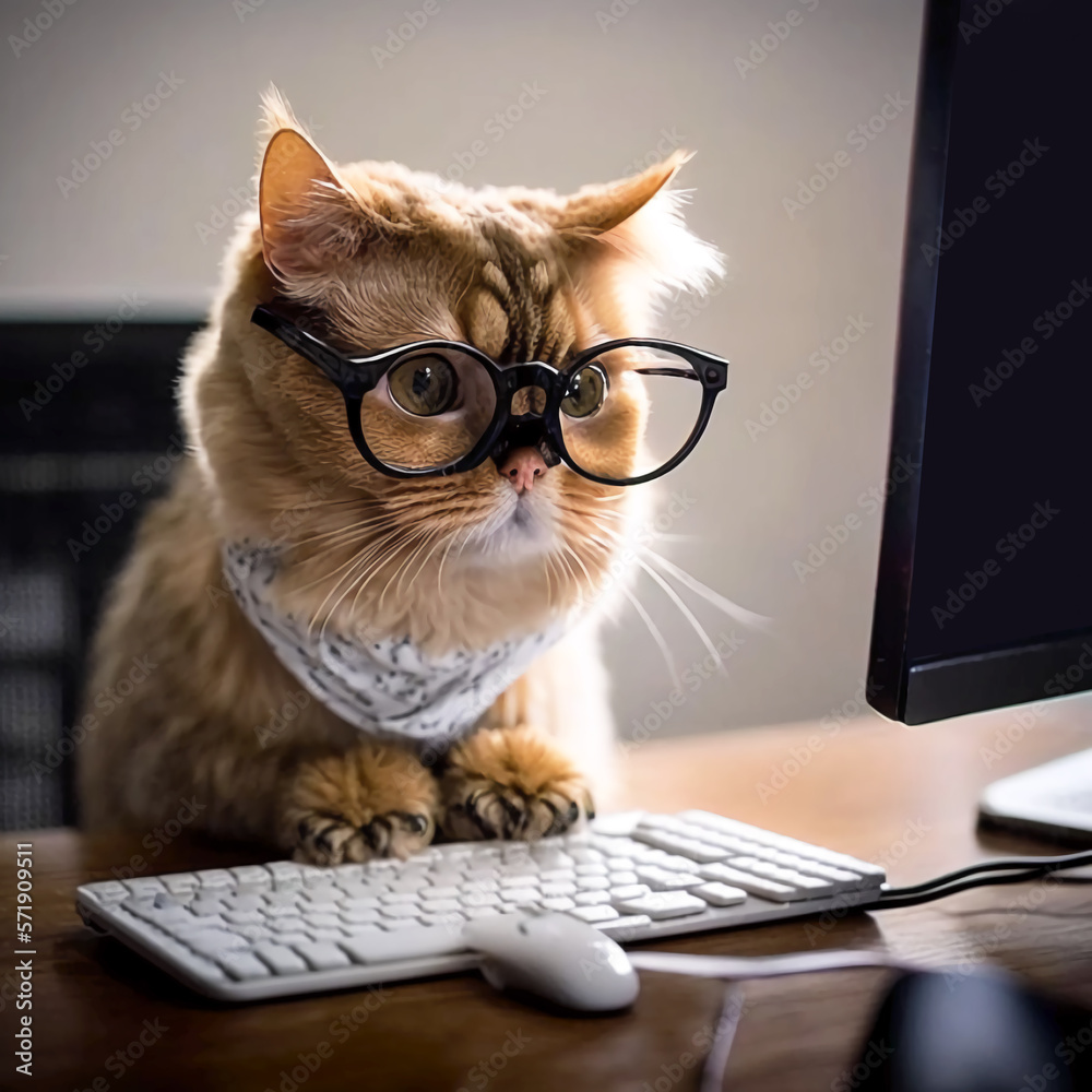 Cat in glasses behind a computer keyboard. The cat looks at the monitor ...