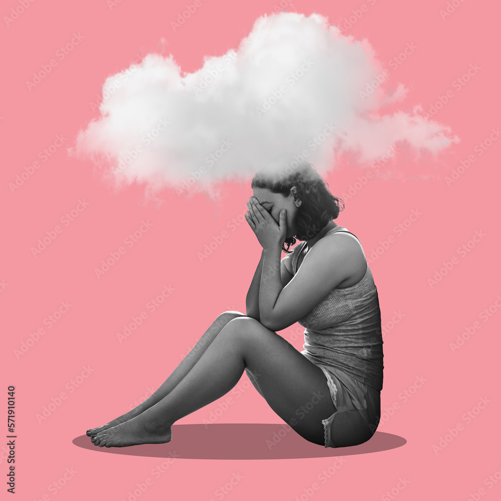 Depression, cloud and art with woman on a studio floor for mental ...