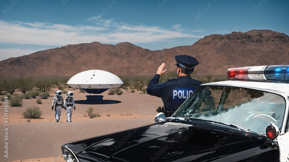 concept illustration police officer seeing white ufo and two aliens in ...