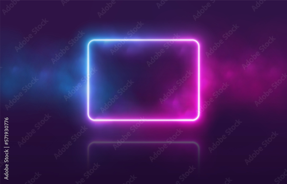 Neon rectangle with smoke, gradient led border, portal with haze clouds ...