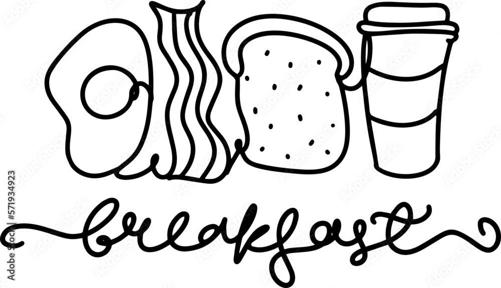 Breakfast simple vector drawing. One continuous line art border ...