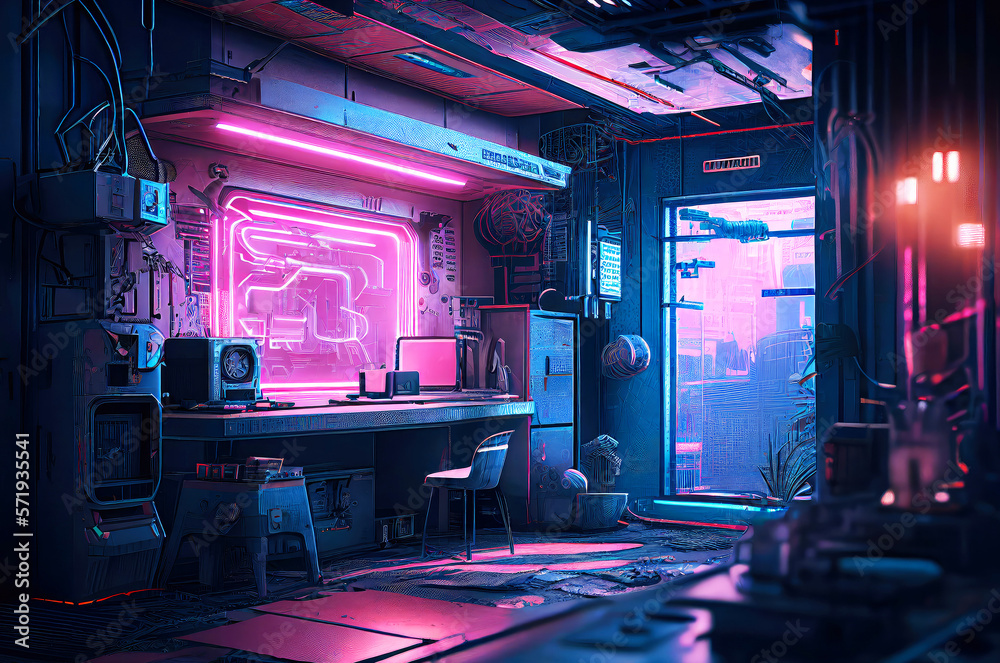 Futuristic Robot Workshop with Neon Lights in Dystopian Style, Cyberpunk city, generative ai ...