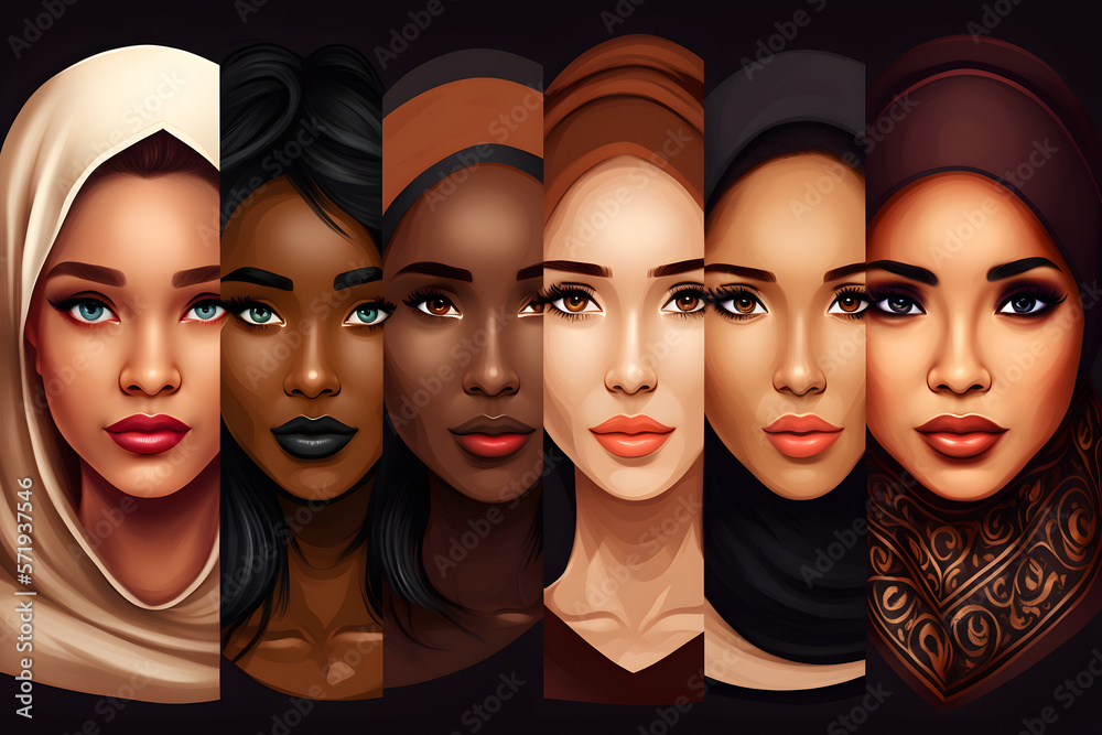 Five muslim women in hijab of different nationalities standing together ...