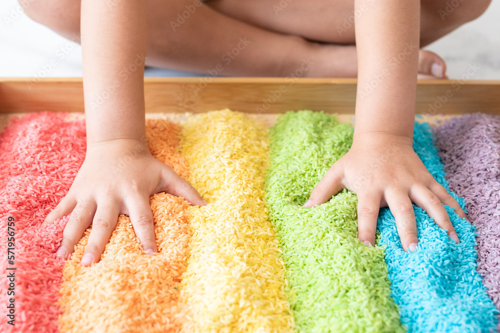 Hands in a rainbow sensory bin Stock Photo | Adobe Stock