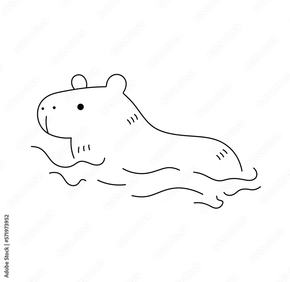 Vector isolated one single capybara guinea pig in water waves colorless ...