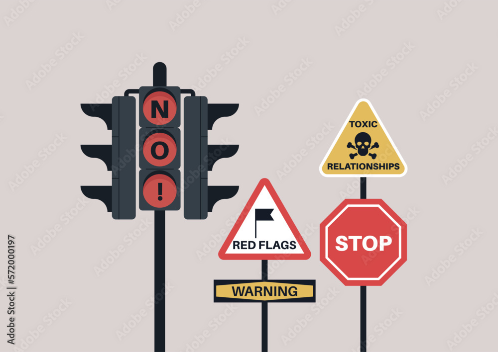 Traffic light regulation as a metaphor of red flags, road signs warning ...