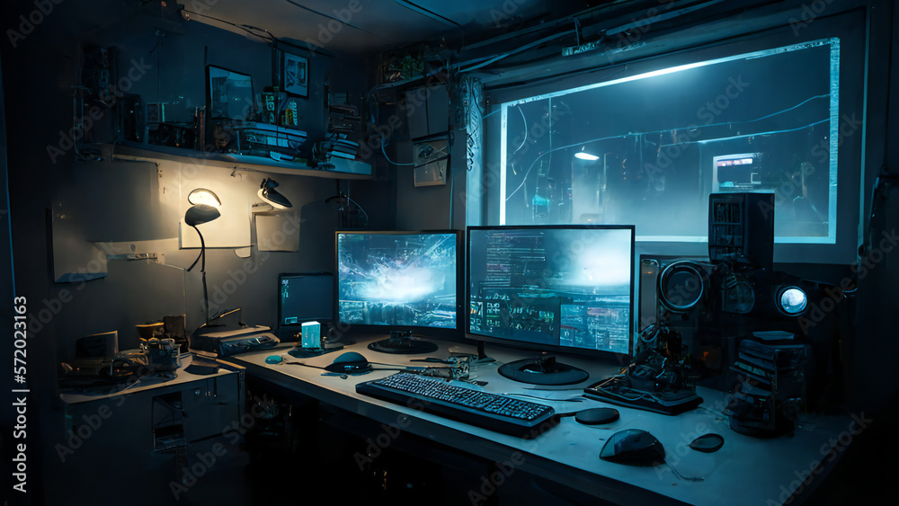 cyberpunk hackers control room setup with many computers and blue ...