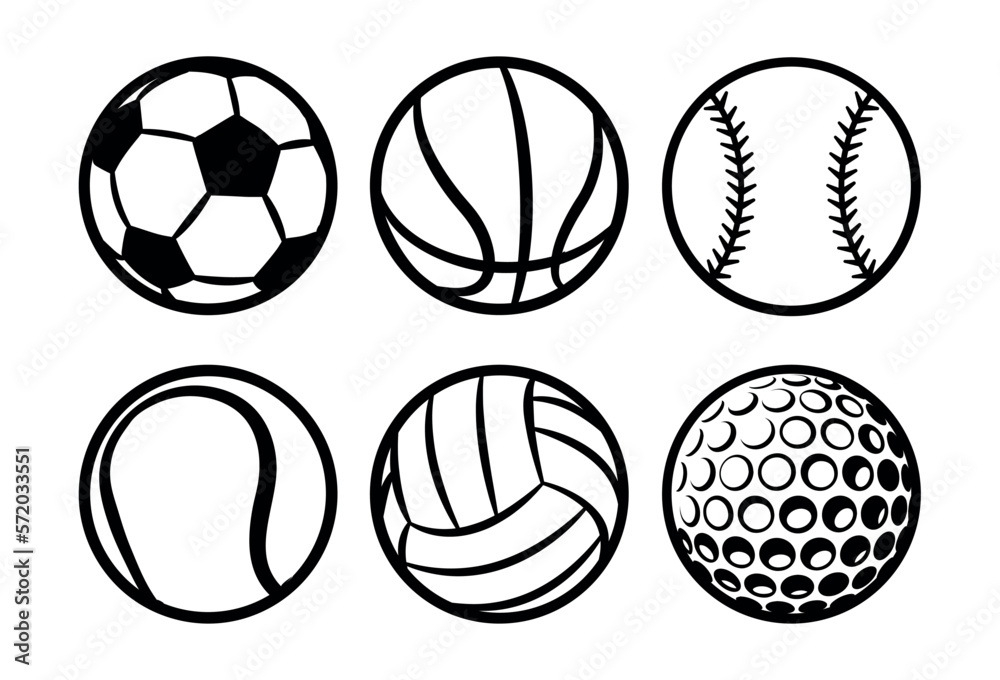 Collection of sports balls black and white vector images. Silhouette ...