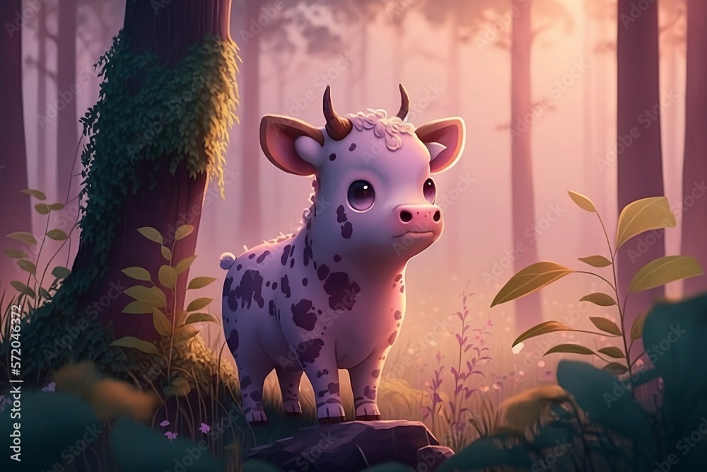 Pastel cow in a forest with magical environment Stock Illustration ...
