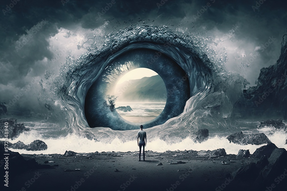 a man walking on shore to the other world dimension big wave gate ...