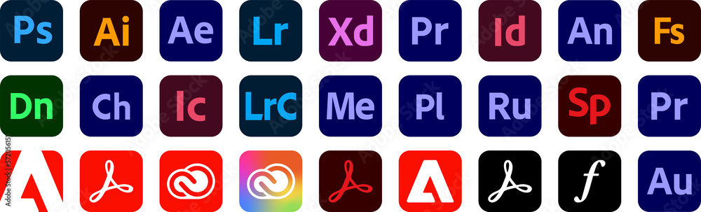 Korosten, Ukraine - February 15, 2023: Set of popular Adobe apps. PNG ...