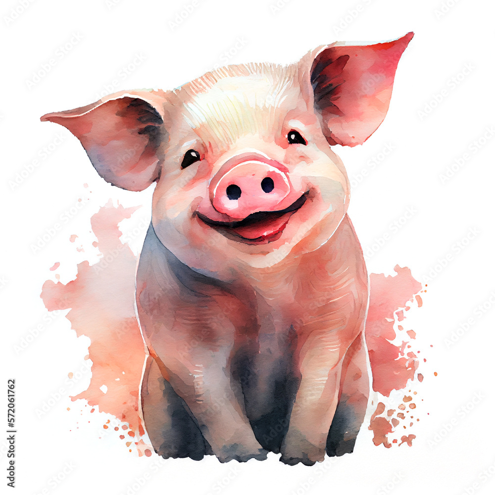 Cute smiling pig. Adorable baby animal art. Watercolor illustration created with Generative Ai ...