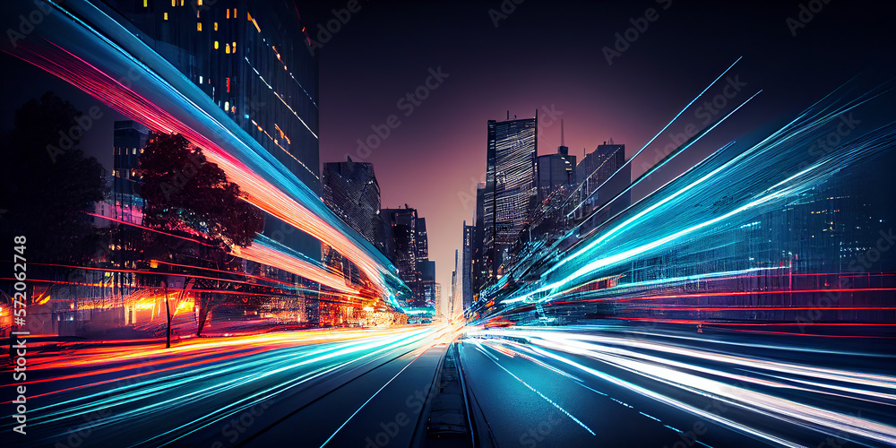 abstract long exposure dynamic speed light trails in an urban environment. Generative ai Stock ...
