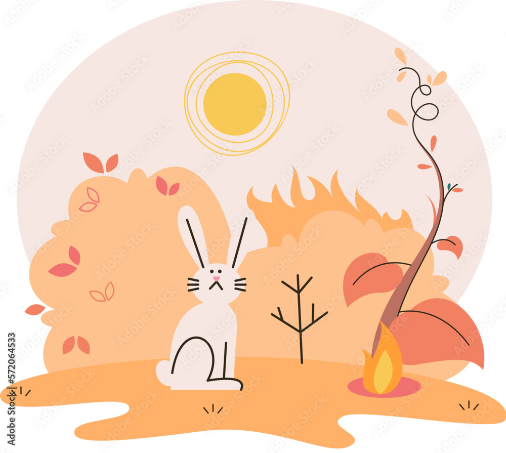 Natural disaster. White rabbit wild animal in forest on fire. Destroyed ...