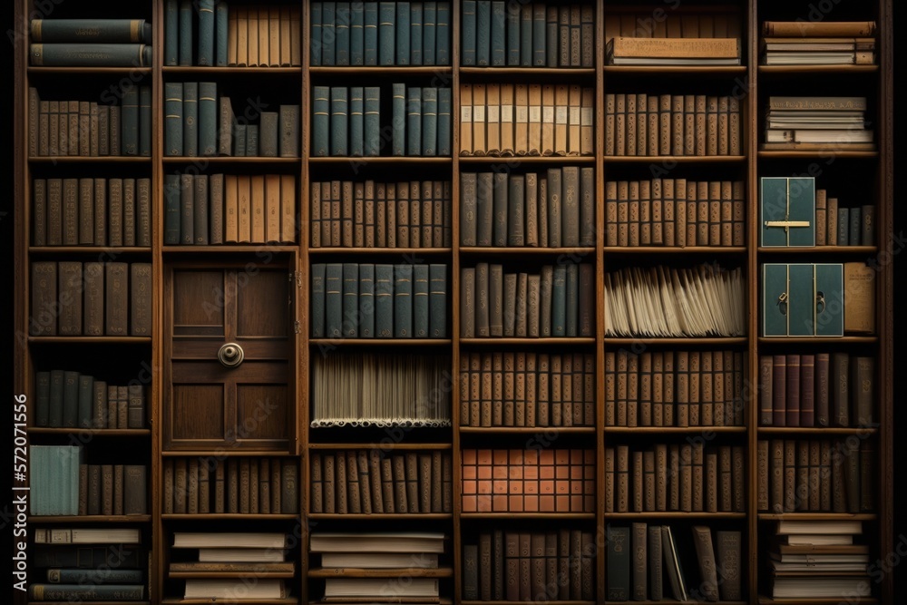 Wall from shelves with file binders, an office room with papers and ...