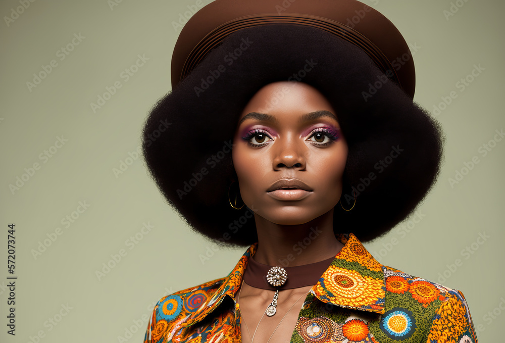 1960s vintage fashion portrait. Black woman with retro 60's style ...