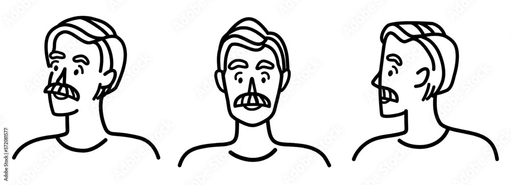Vector de Stock Cartoon character head in different angles. Front view ...
