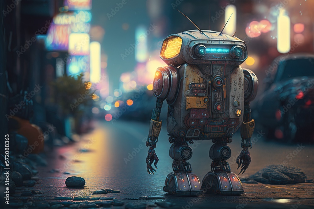 old, LITTLE and funny cut yellow scrap robot on the junkyard,full body,cyberpunk colored light ...