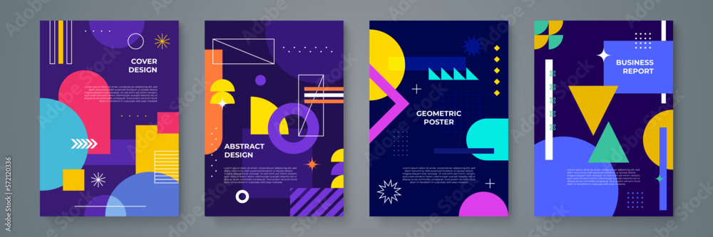 Colorful neo geometric poster. Grid with color geometrical shapes ...