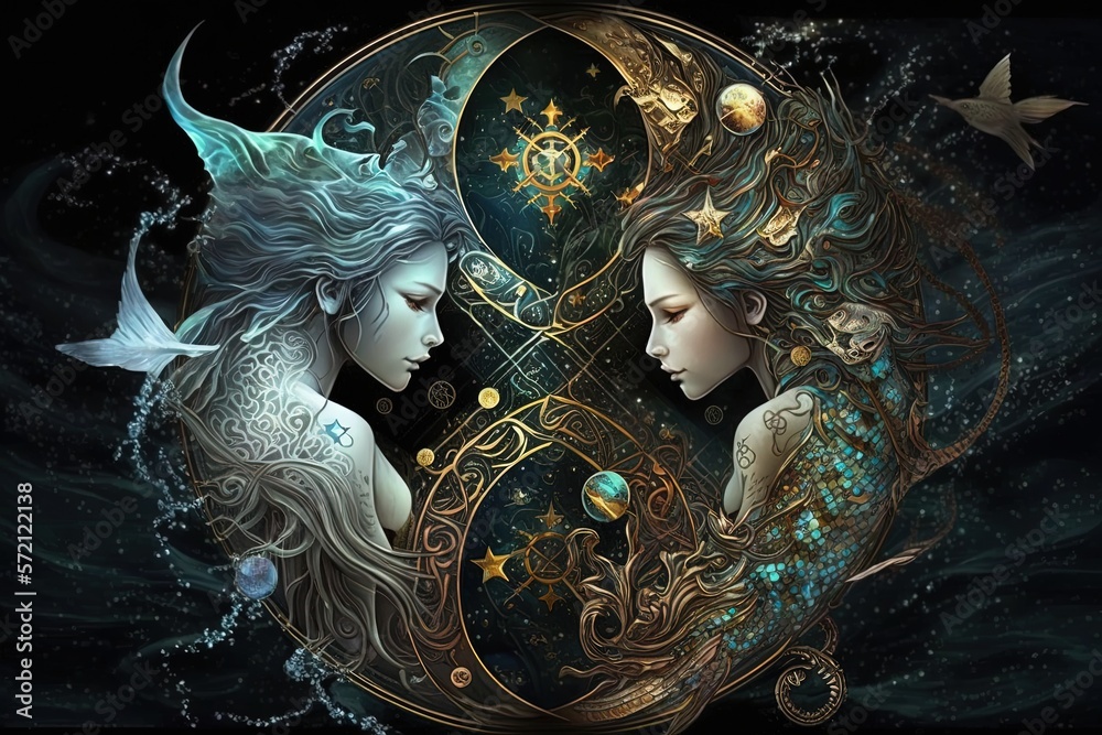 Backdrop of sacred zodiac Pisces symbols, astrology, alchemy, magic ...
