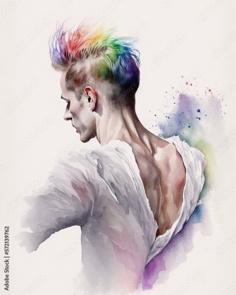 Watercolor Style Illustration of a Male Ballet Dancer with Rainbow Hair ...