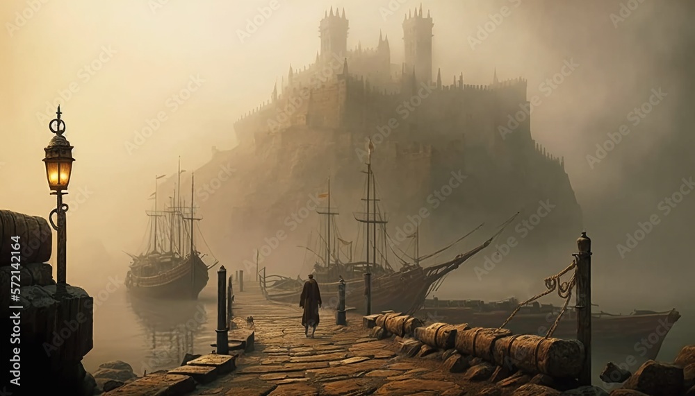 Walking on a Historic Dock with Fog, Tall Ships, and Ancient Castle ...