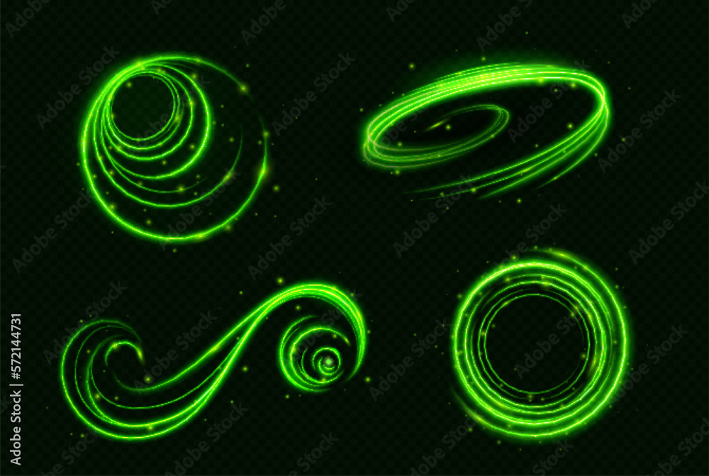 Green game healing swirl light vector effect. Isolated neon circle with ...