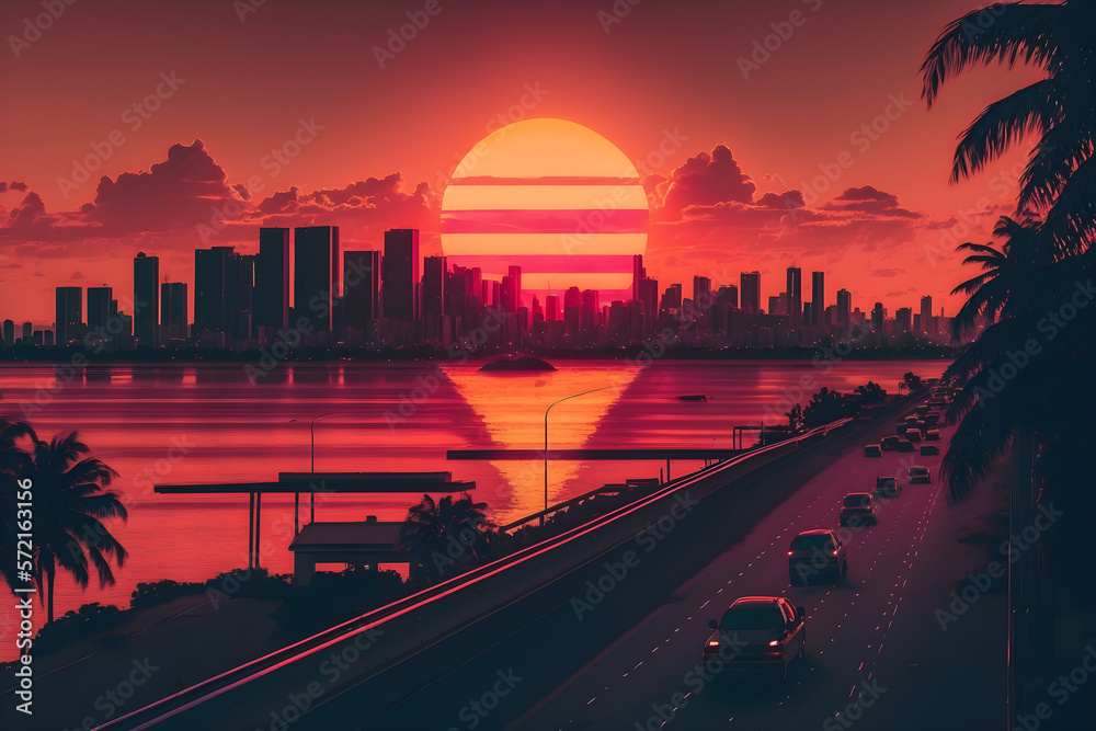 Sunset 80s in Miami, comics style, created with Generative AI ...