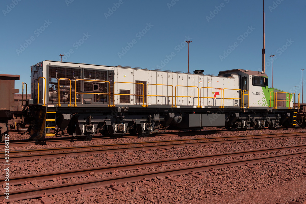 Saldanha Bay, west coast, South Africa. 2023. Locomotive hauling iron ...