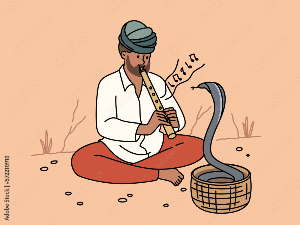 Man in turban playing on flute with cobra dancing in basket. Snake ...