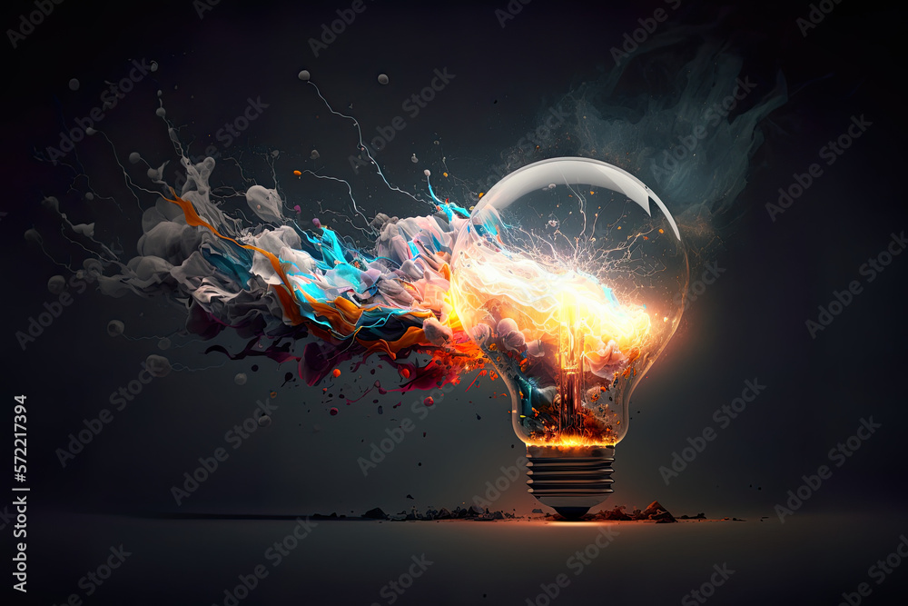 Lightbulb eureka moment with Impactful and inspiring artistic colourful ...