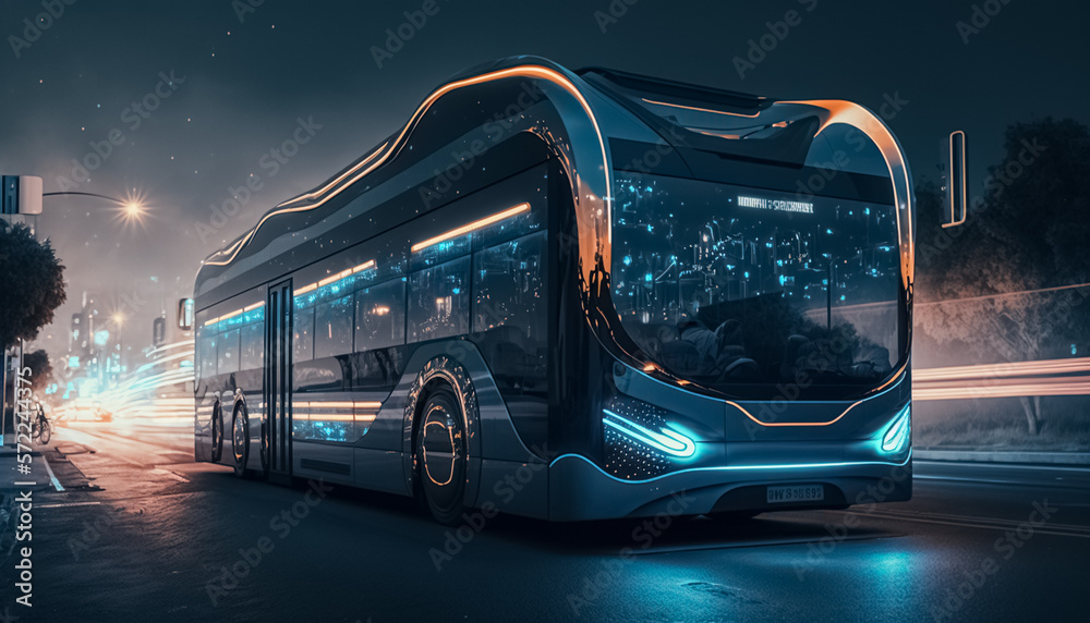 Ilustrace Future of urban autonomous mobility city bus. Public ...