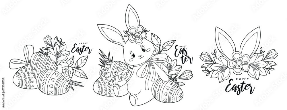Happy Easter. Сontour pictures for coloring and design. Cute bunny ...