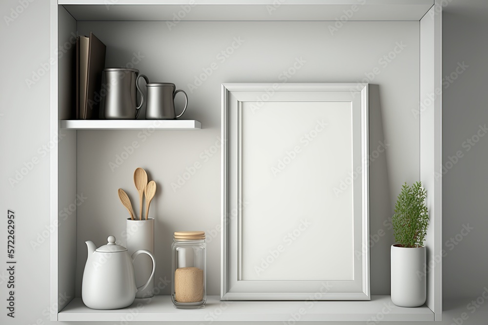 Blank frame on White Wall sitting on a shelf. Mock up template for ...
