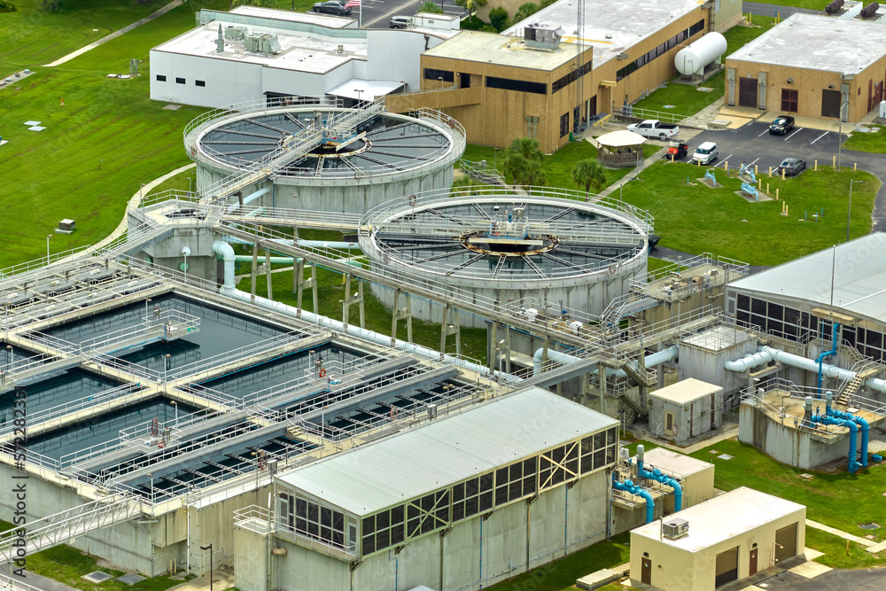 Aerial view of modern water cleaning facility at urban wastewater ...