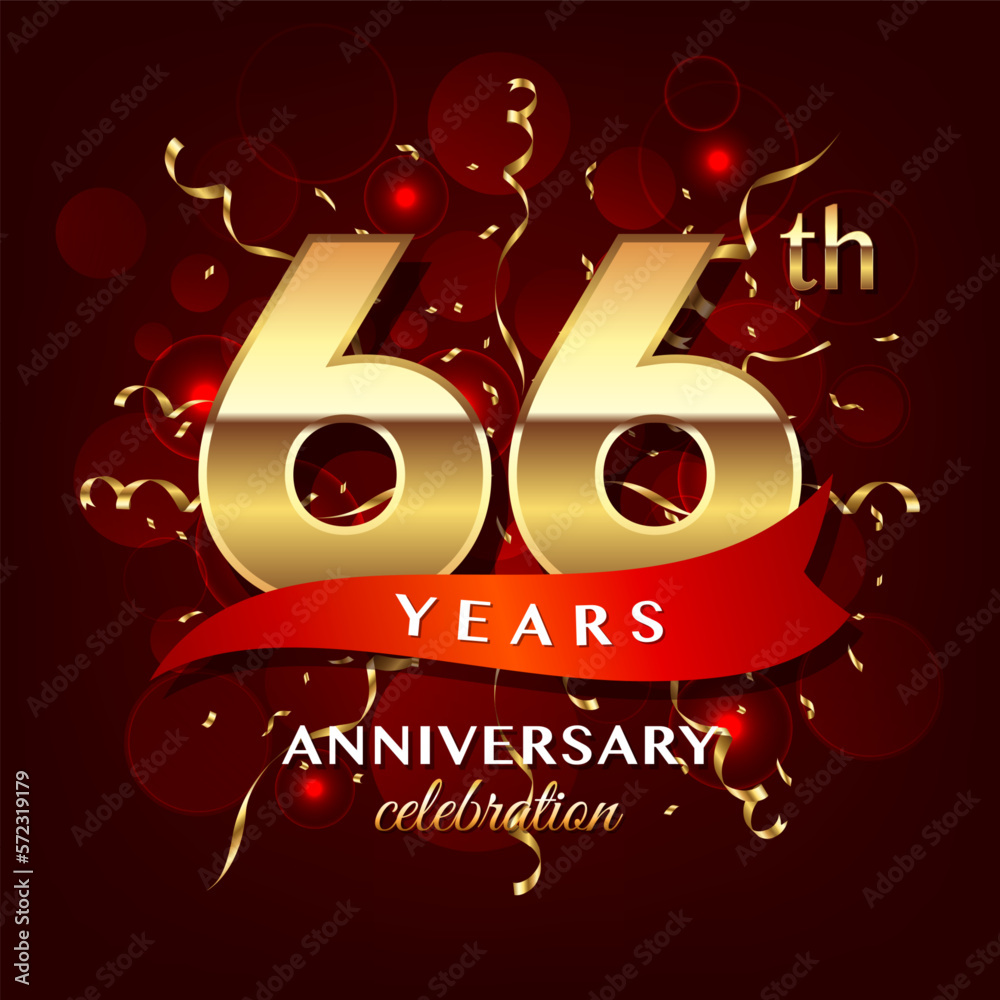 66th Anniversary logo design with golden number and red ribbon for ...