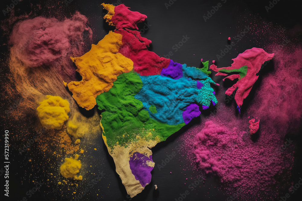 Different traditional colorful Indian powder. Holi festival. India map ...