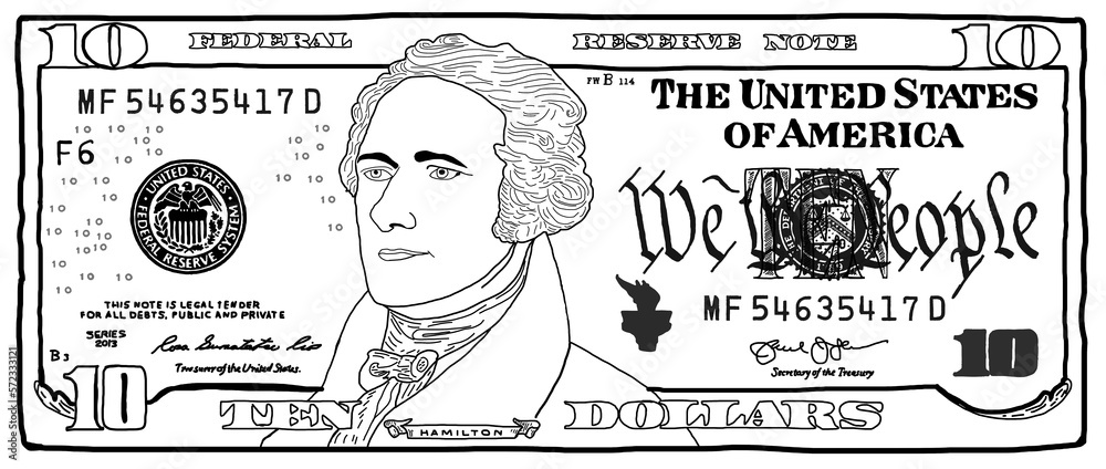 Cartoon hand drawn colorized 10 dollar banknote Stock Illustration ...