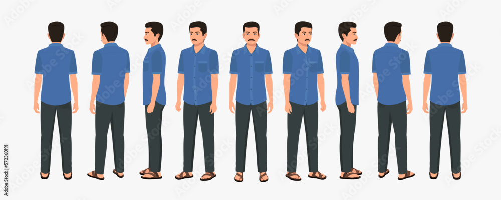 Indian Man Wearing Shirt and Pant, Character Front, side, back view and ...