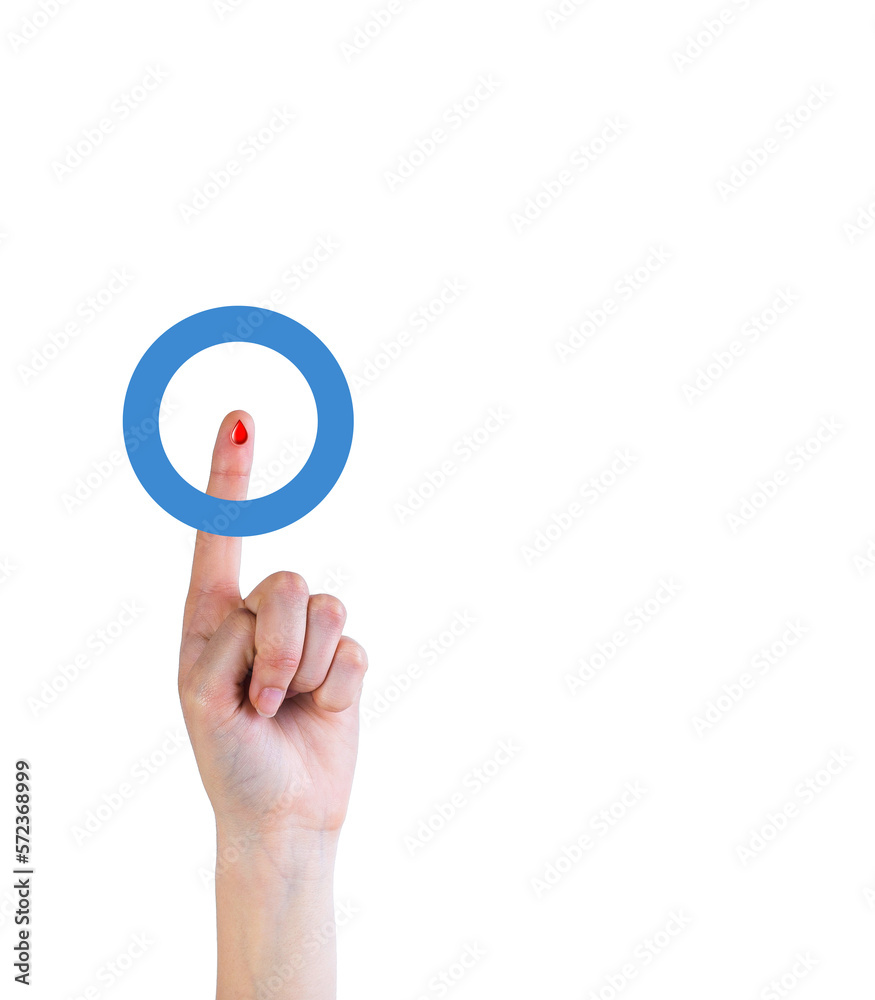 World diabetes day awareness concept. Finger with a blood drop and a ...