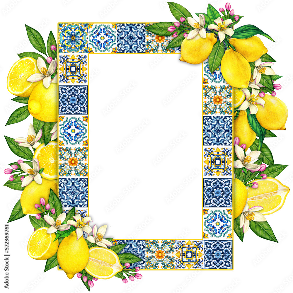 Watercolor mediterranean frame with lemons and traditional tiles Stock ...