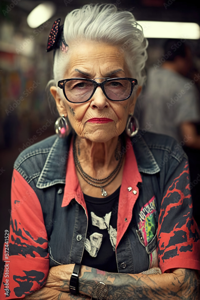 Modern punk old lady. Portrait of a beautiful lady over 70 years old in ...