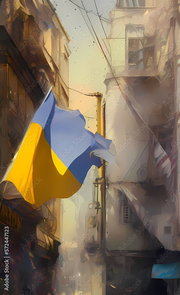 Ukrainian flag in the destroyed city street. Ukraine theme background ...