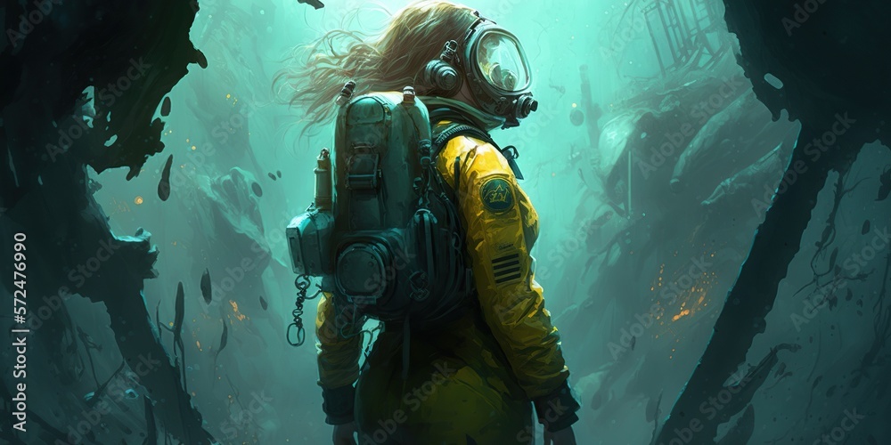 female deep sea diver wearing a diving suit and oxygen tank exploring ...